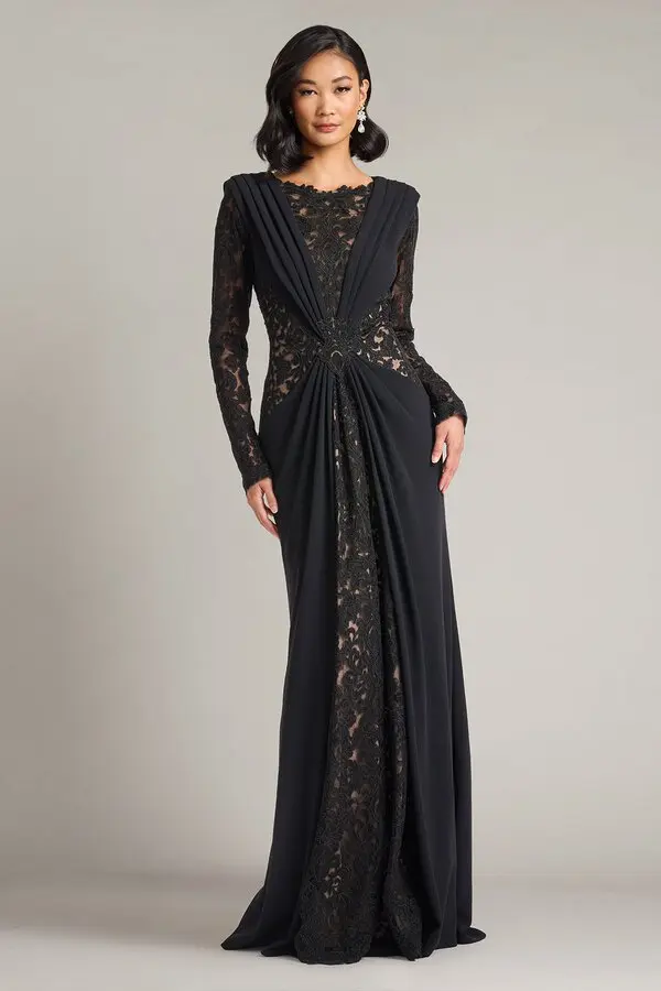 Tadashi Shoji Draped Overlay Embroidered Gown - Black/nude