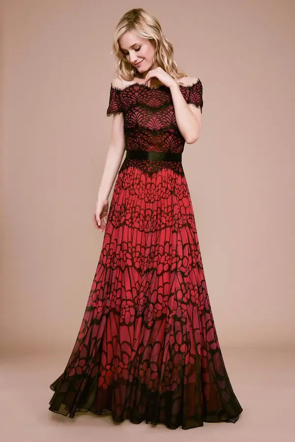 Tadashi Shoji Itzel Off-the-shoulder Lace & Mesh Gown - Black/phoenix