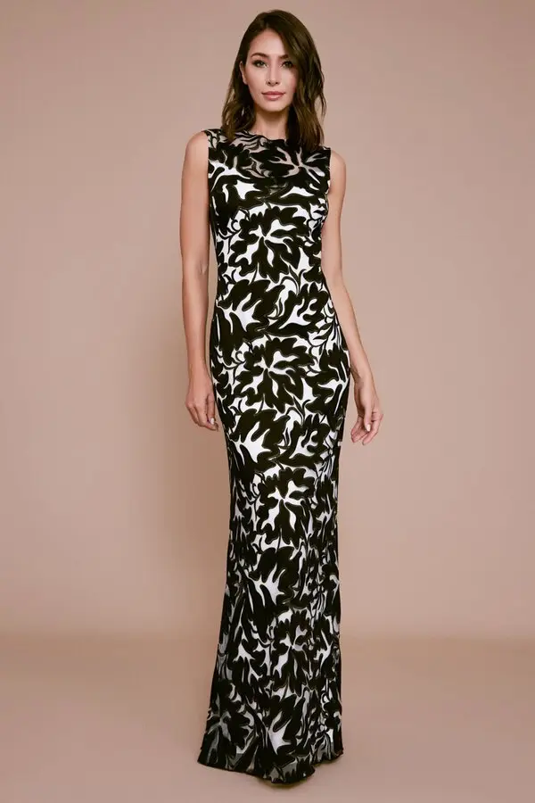 Tadashi Shoji Napali Floral Applique Sleeveless Gown - Black/ivory