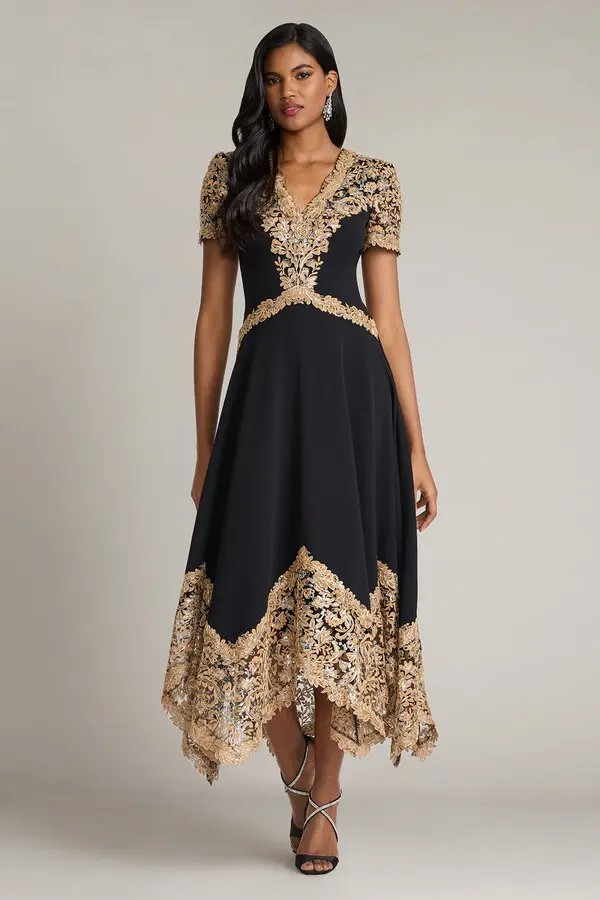 Tadashi Shoji Embroidered Handkerchief Hem Midi Dress - Copper Shadow/black