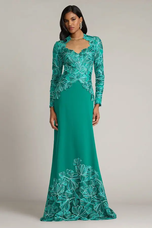 Tadashi Shoji Embroidered Tulle Gown - Emerald