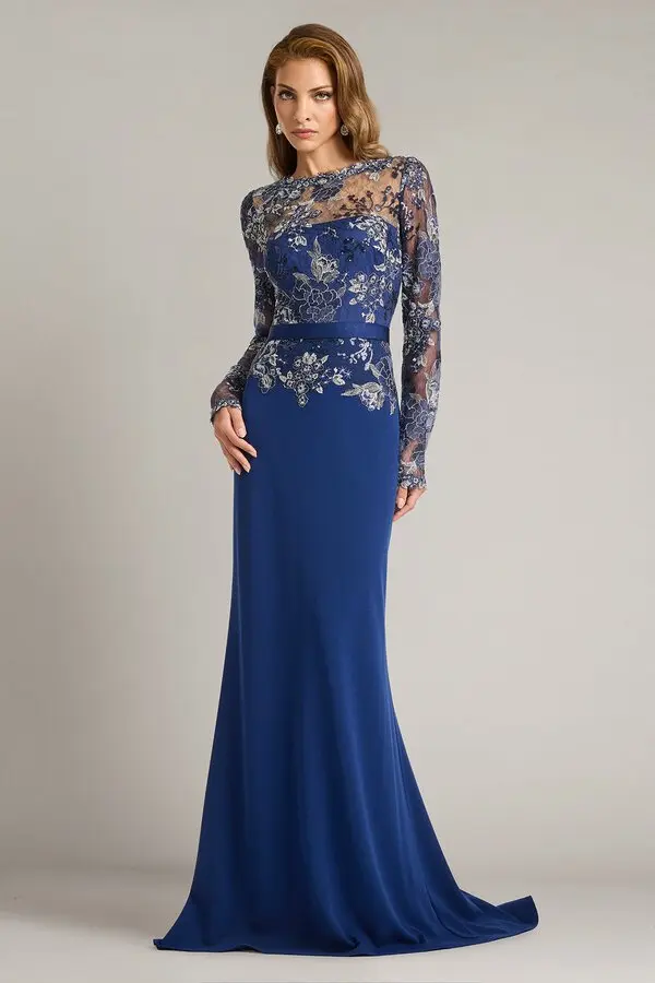 Tadashi Shoji Beacon Belted Embroidered Illusion Gown - Midnight