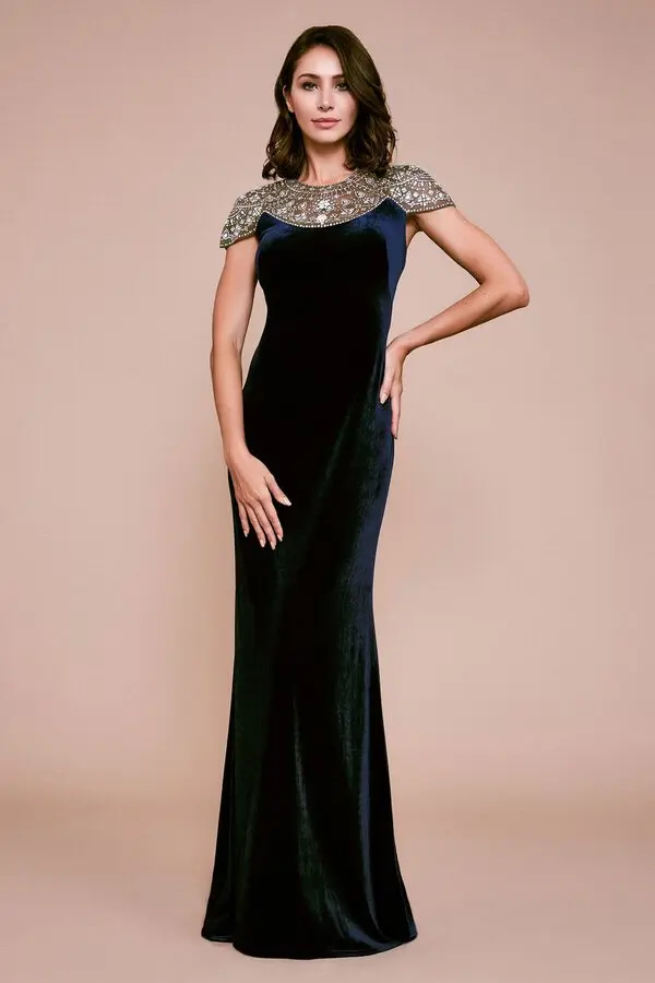 Tadashi Shoji Imelda Velvet Evening Gown - Navy