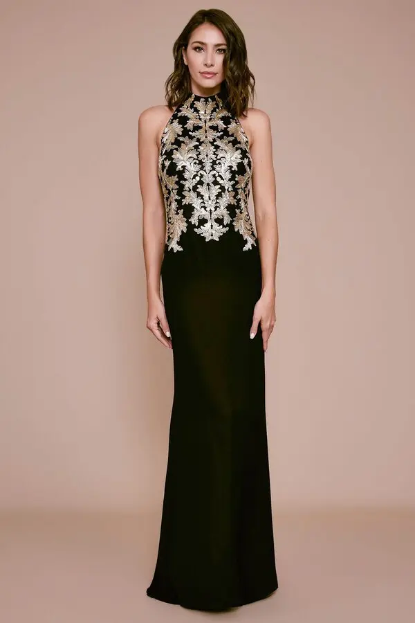 Tadashi Shoji Abad Halter Sequin Embroidered Gown - Black/gold