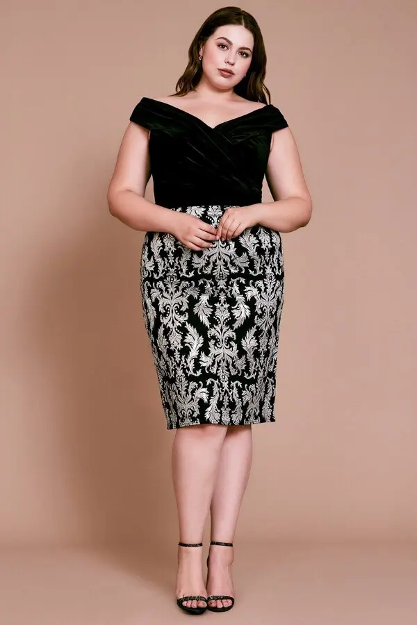Tadashi Shoji Bali Jacquard & Velvet Dress Plus Size - Silver/black
