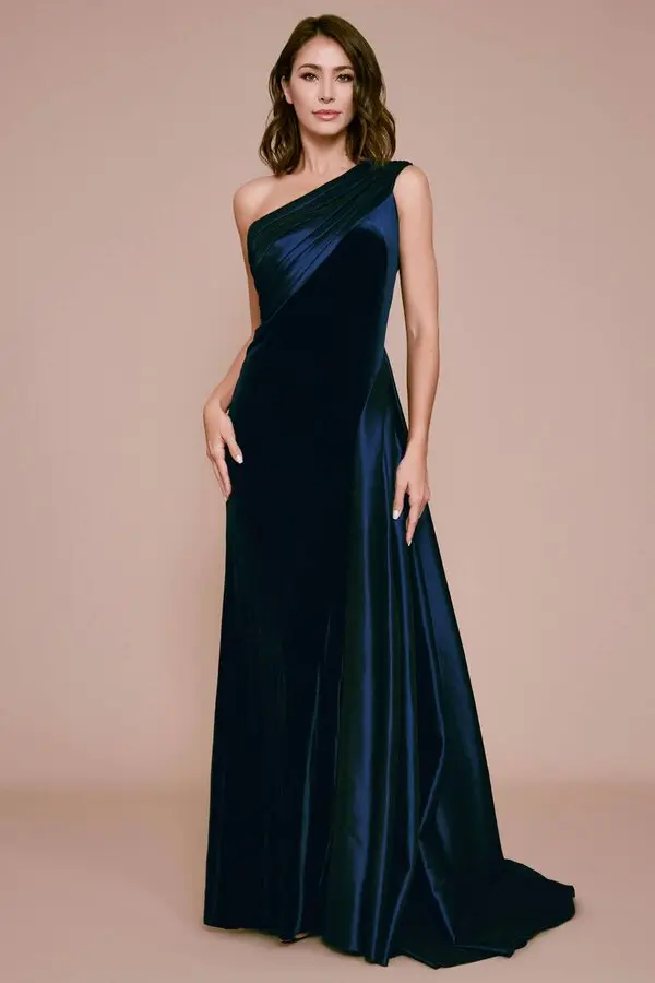 Tadashi Shoji Irie One-shoulder Velvet & Taffeta Gown - Navy