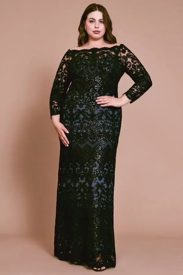 Tadashi Shoji Eve Long-sleeve Sequin Embroidered Gown Plus Size - Black/navy