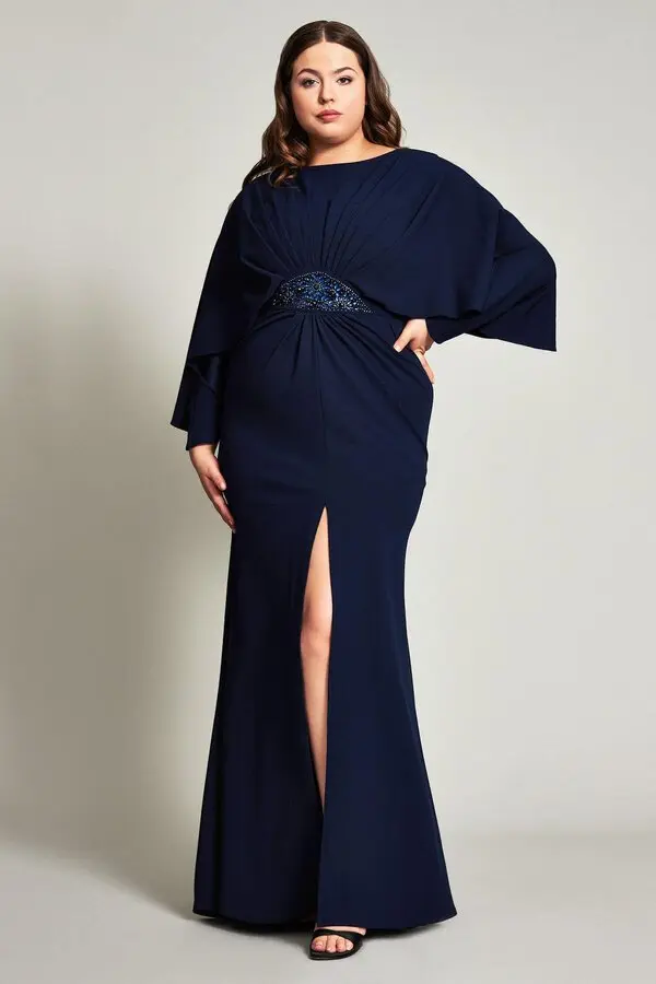 Tadashi Shoji Olsen Crepe Batwing Gown Plus Size - Navy