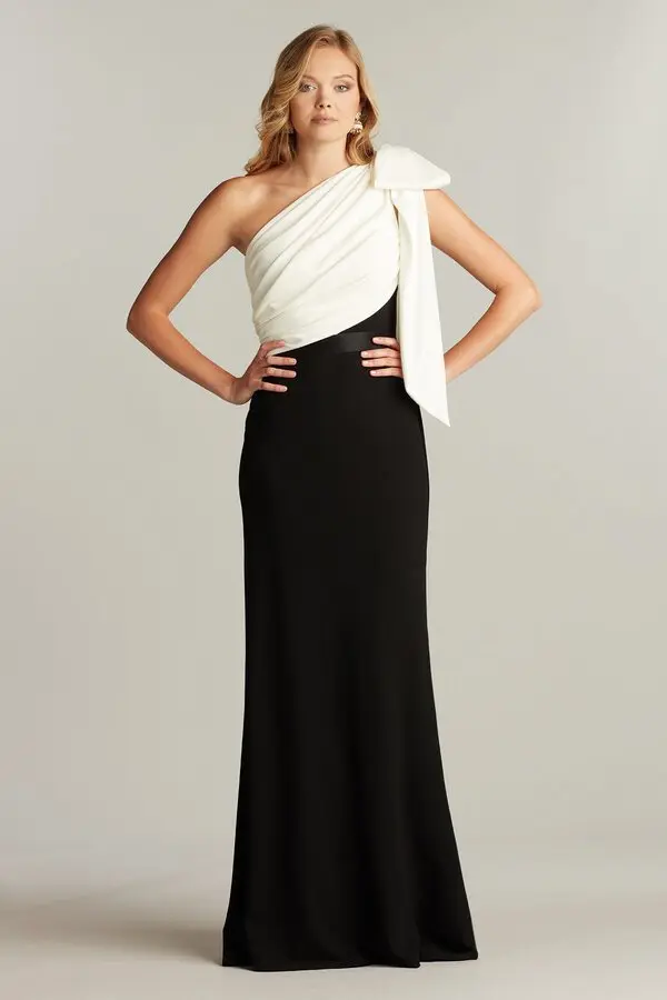 Tadashi Shoji Mayer Asymmetric Bow Gown - White/black