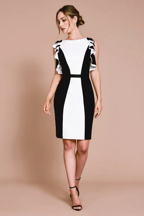 Tadashi Shoji Beasley Colorblock Ruffle Dress - White/black