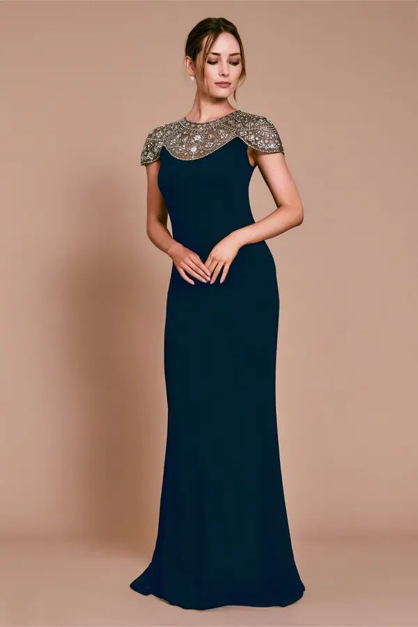 Tadashi Shoji Afton Crystal Embellished Crepe Gown - Navy