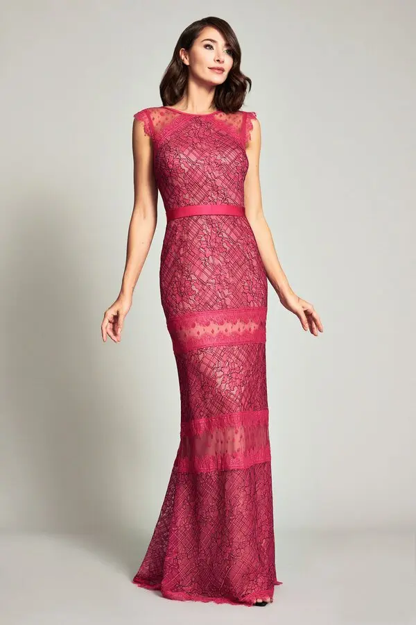 Tadashi Shoji Yeva Flocked Tulle Trumpet Gown - Fuchsia/nude