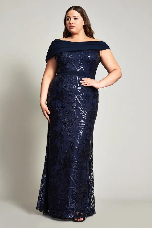 Tadashi Shoji Chiaki Textured Crepe Gown - Navy