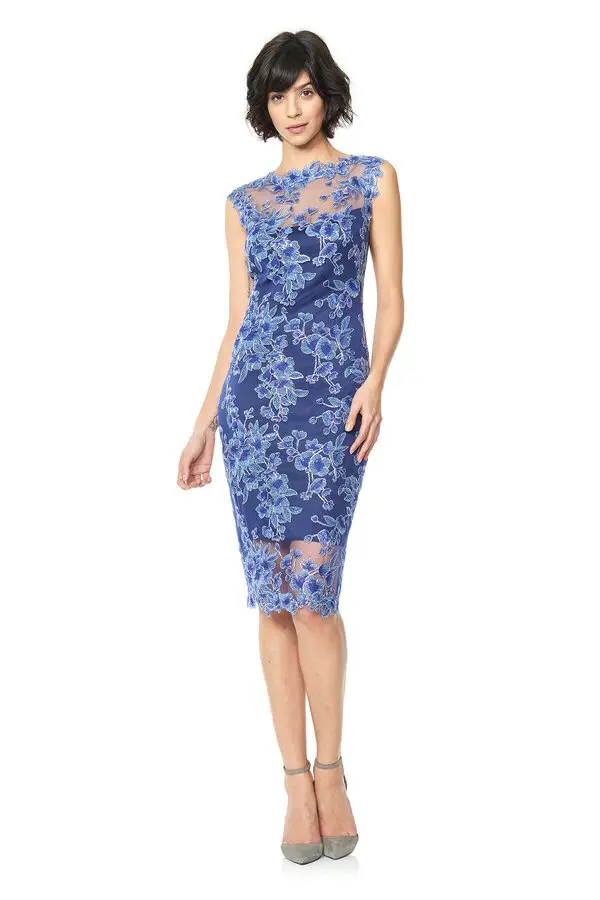 Tadashi Shoji Shunkoo Petite Embroidered Sheath Dress With Sheer Neckline - Blue Violet/navy
