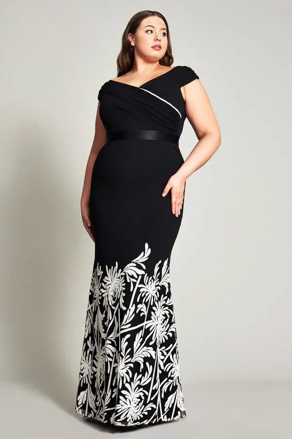 Tadashi Shoji Kumi Crisscross Bodice Gown Plus Size - Black/ivory
