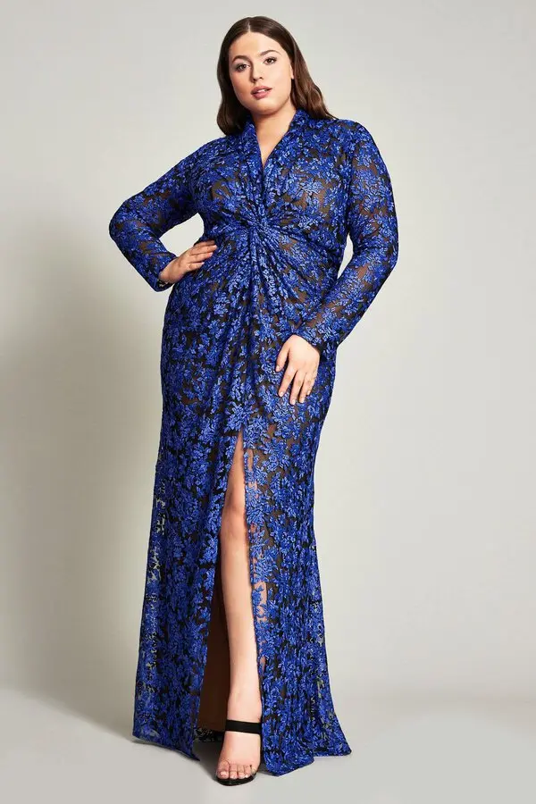 Tadashi Shoji Floral Slit Gown - Deep Violet/black