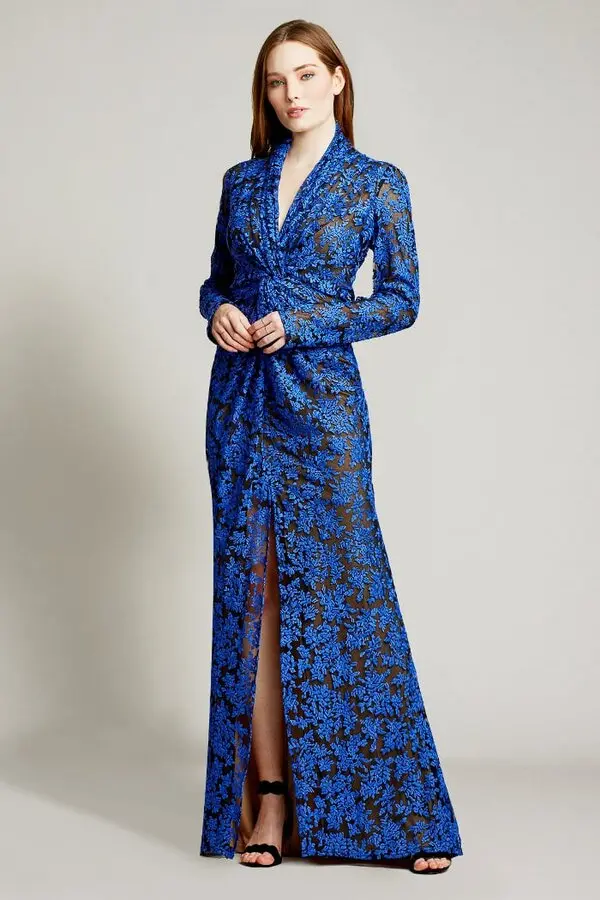 Tadashi Shoji Kita Floral Slit Gown - Deep Violet/black
