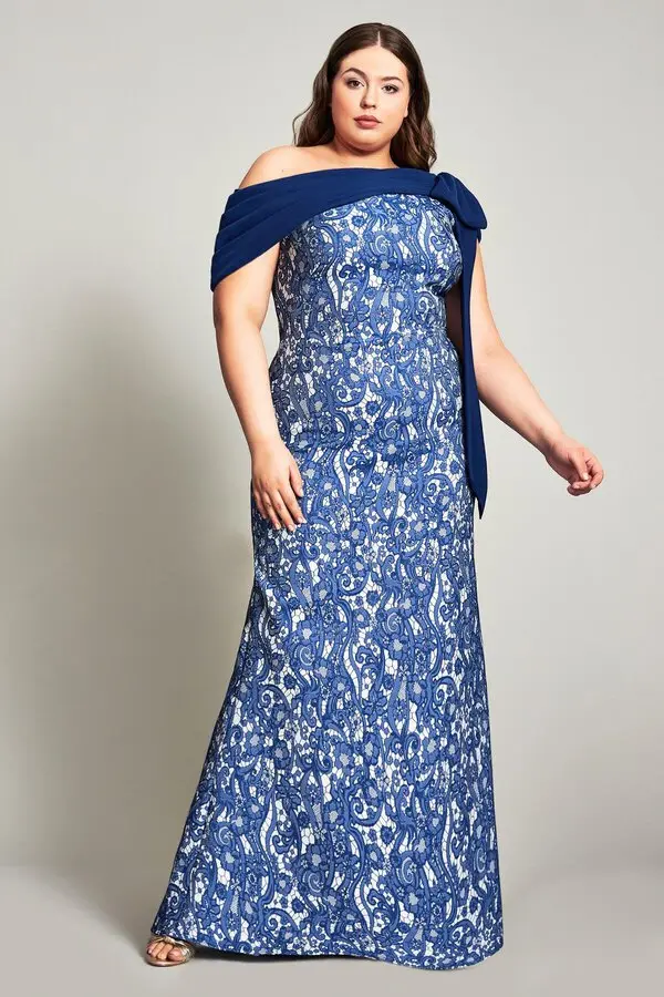 Tadashi Shoji Ahmaya Asymmetric Gown Plus Size - Navy/ivory
