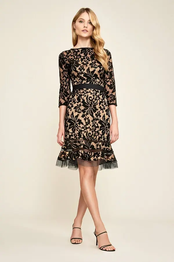 Tadashi Shoji Embroidered Lace 3/4 Sleeve Dress With Sheer Cut Out Detail - Black/nude