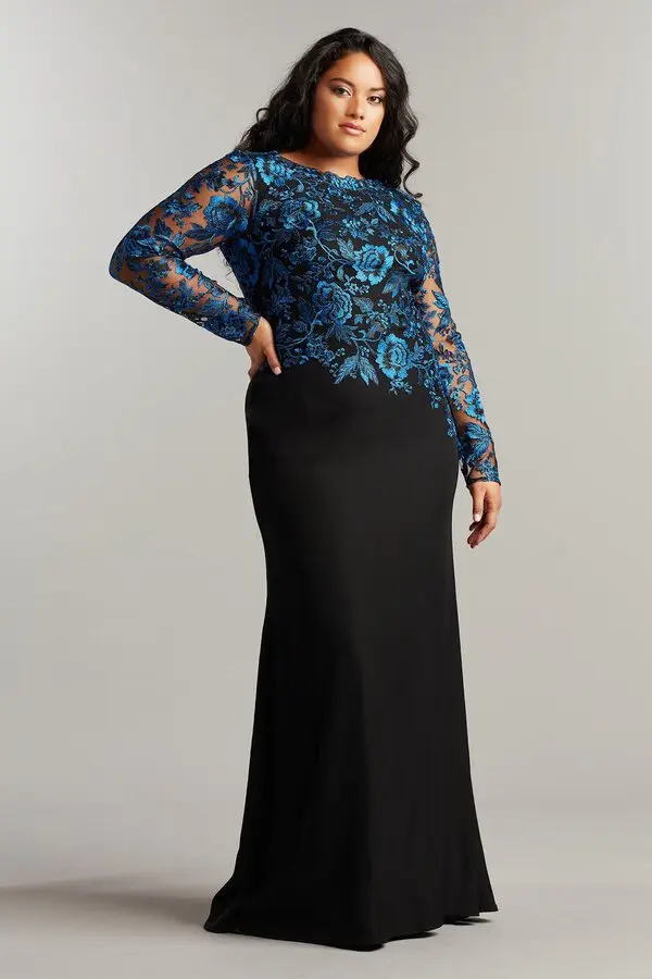 Tadashi Shoji Burcu Embroidered Crepe Gown-plus Size - Lapis/black