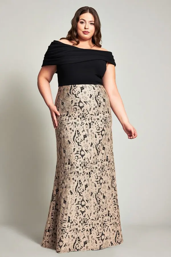 Tadashi Shoji Kei Off-shoulder Gown-plus Size - Sand/black