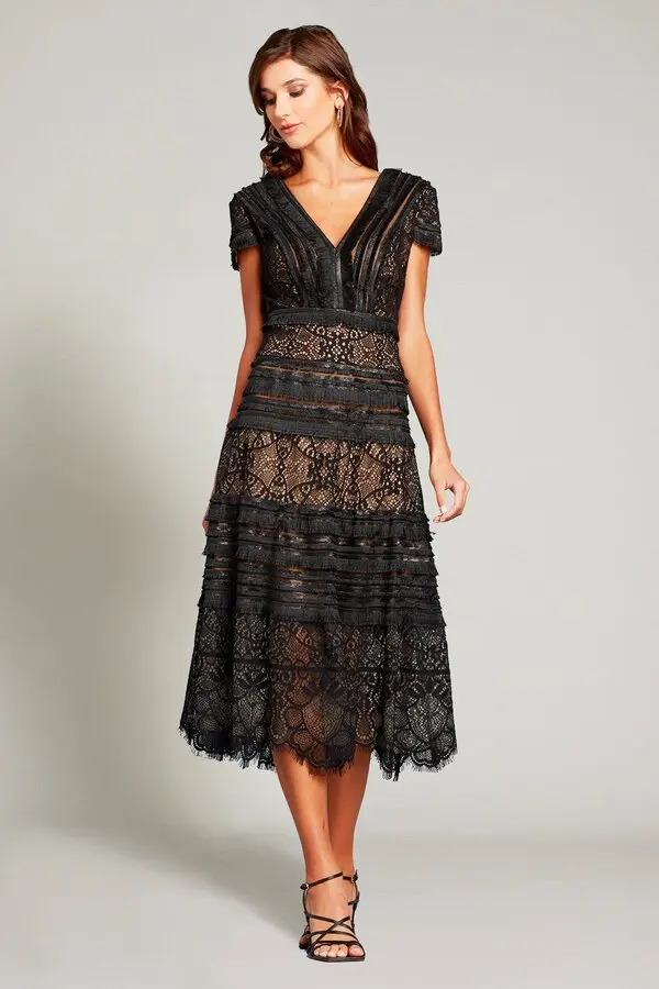 Tadashi Shoji Lace & Fringe Midi Dress - Black/nude