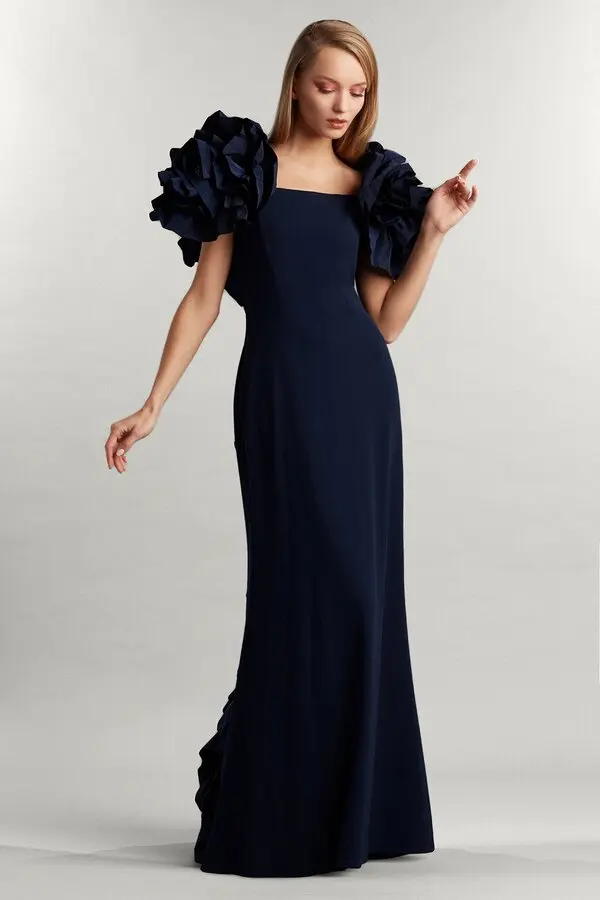 Tadashi Shoji Serenay Ruffle Taffeta Gown - Navy