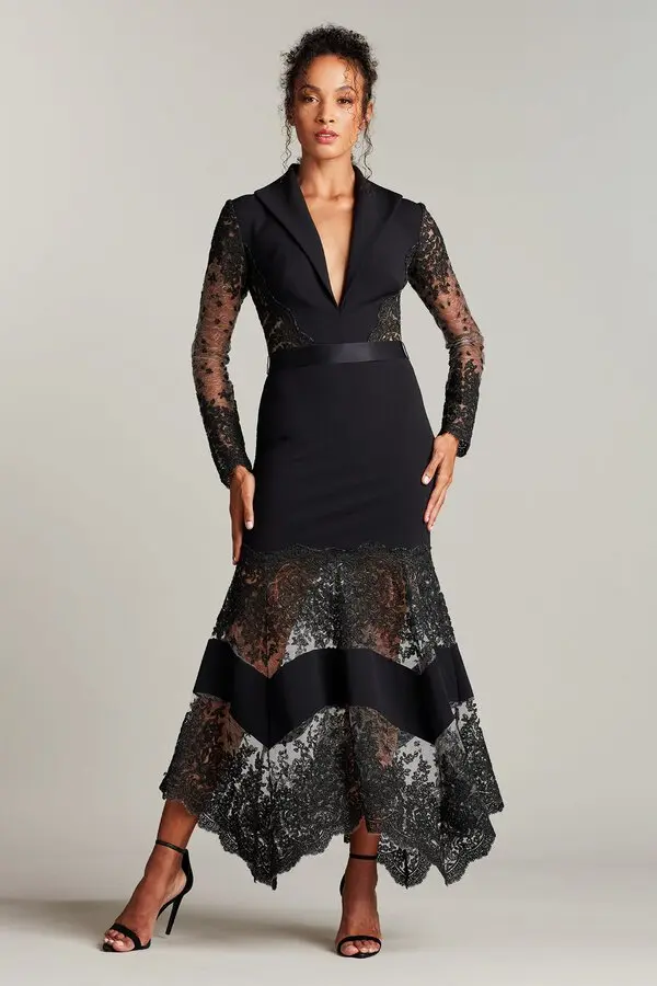 Tadashi Shoji Bataar Embroidered Tulle Crepe Gown - Black