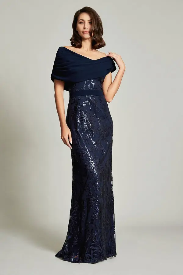 Tadashi Shoji Chiaki Textured Crepe Gown - Navy
