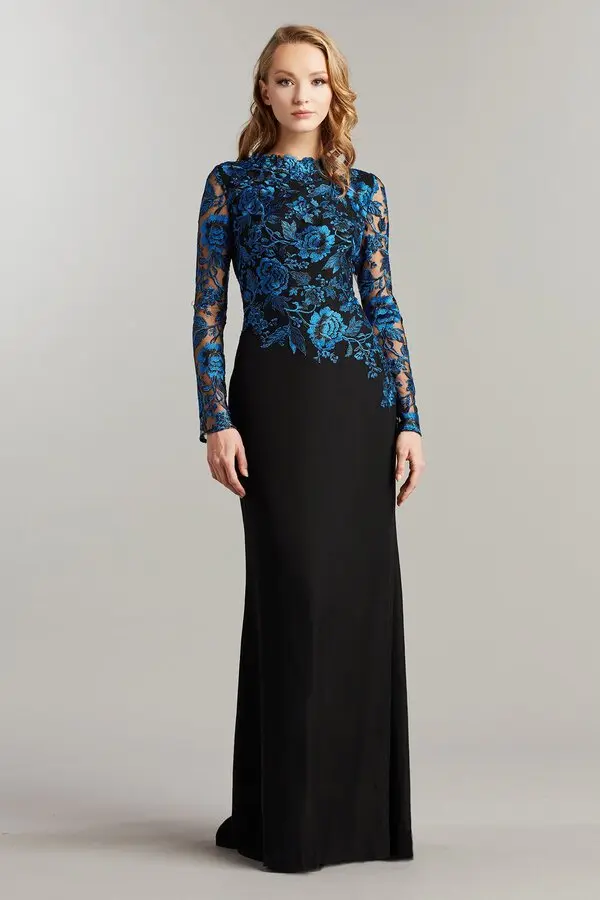 Tadashi Shoji Embroidered Crepe Gown - Lapis/black