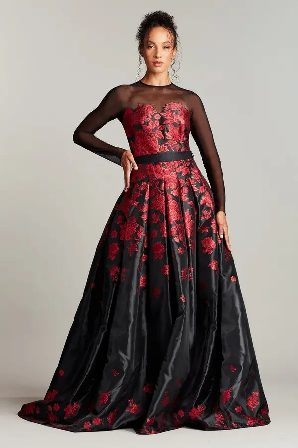 Tadashi Shoji Beyza Organza Jacquard Gown - Ruby Red/black