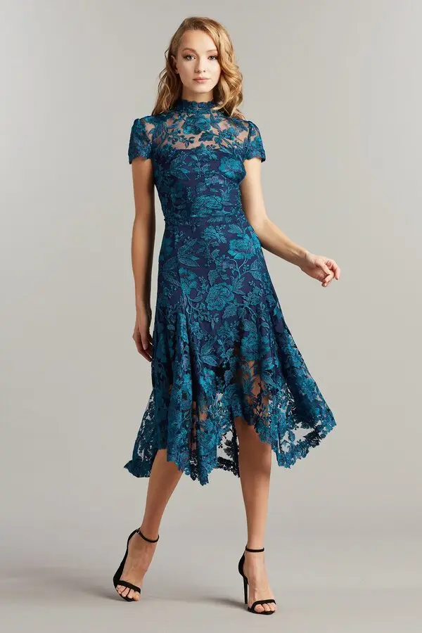 Tadashi Shoji Handkerchief Hem Embroidered Dress - Azure