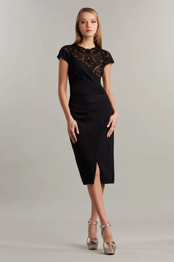 Tadashi Shoji Embroidered Tulle And Crepe Dress - Black/nude