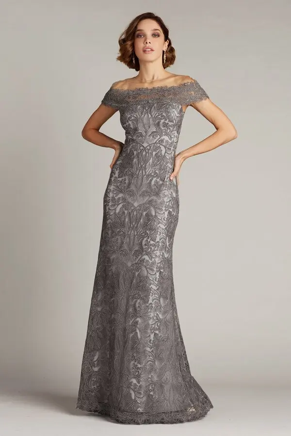 Tadashi Shoji Jarek Embroidered Off-shoulder Gown - Mist