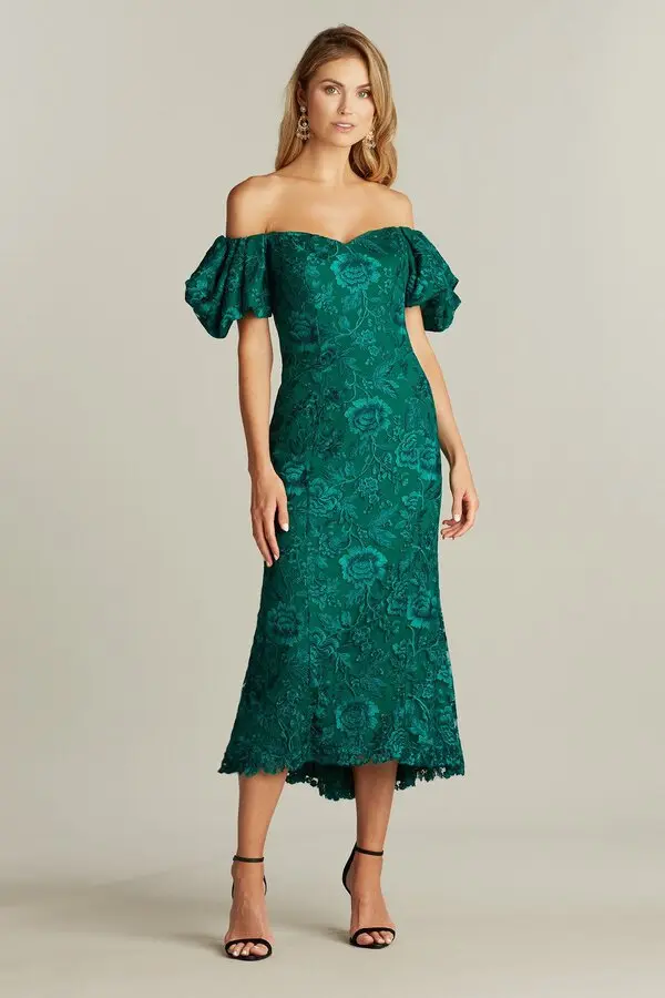 Tadashi Shoji Ivette Off-shoulder Puff Sleeve Embroidered Midi Dress - Malachite
