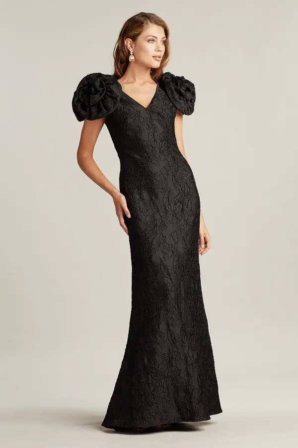 Tadashi Shoji Sachar Rosette Sleeve Gown - Black