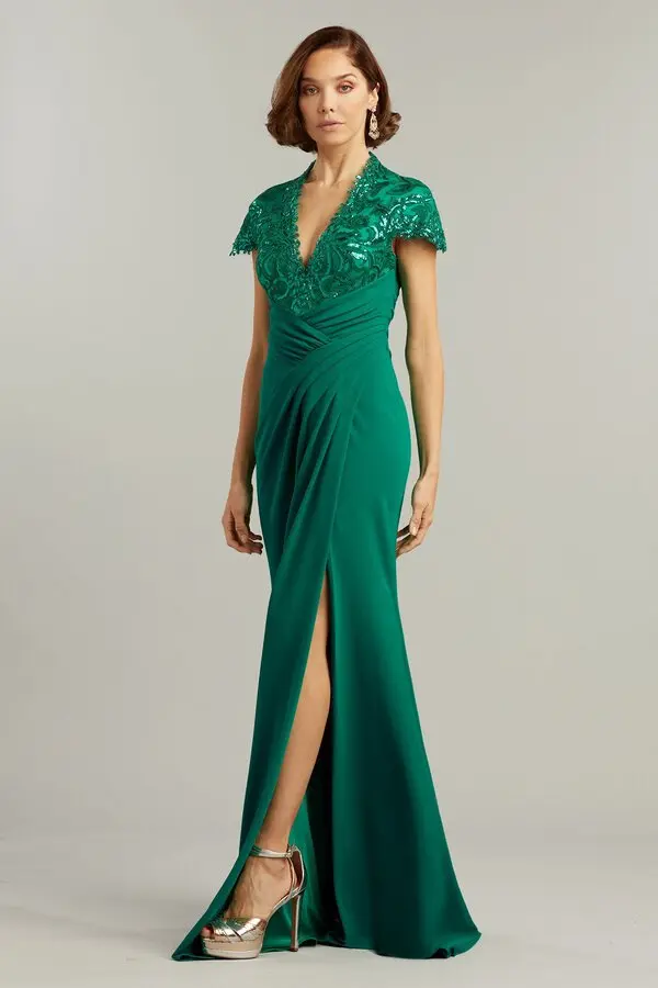 Tadashi Shoji Percy Sequin-embroidered Crepe Gown - Emerald