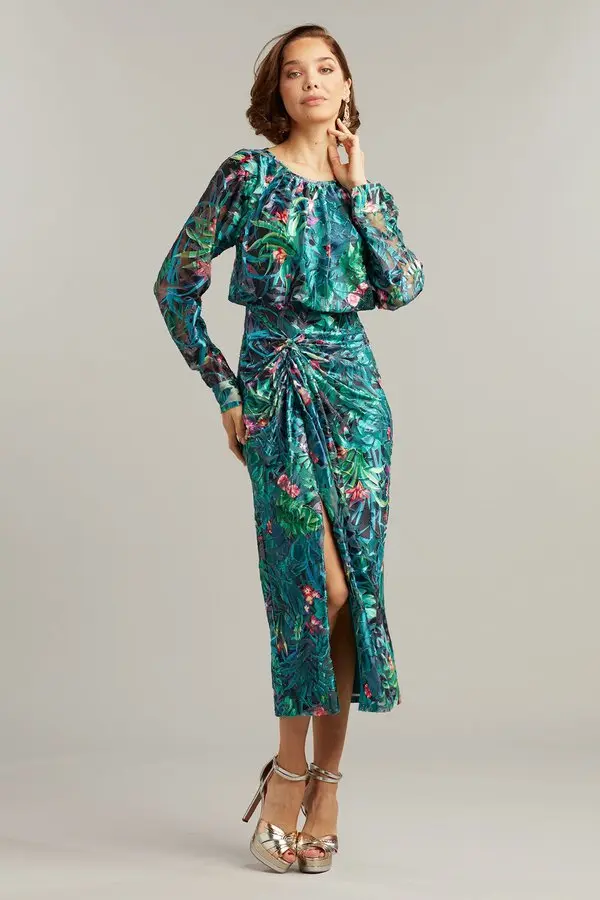 Tadashi Shoji Beeja Long Sleeve Twist-drape Dress - Cerulean/multi