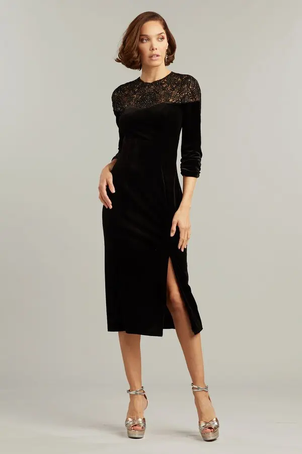 Tadashi Shoji Wallace Beaded Illusion Velvet Dress - Black/nude