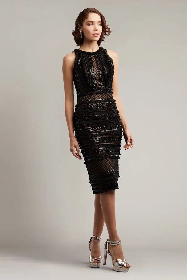 Tadashi Shoji Norma Sequin Fringe Dress - Black/nude