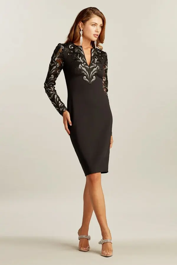 Tadashi Shoji Dillon Embroidered Neoprene Dress - Silver/black