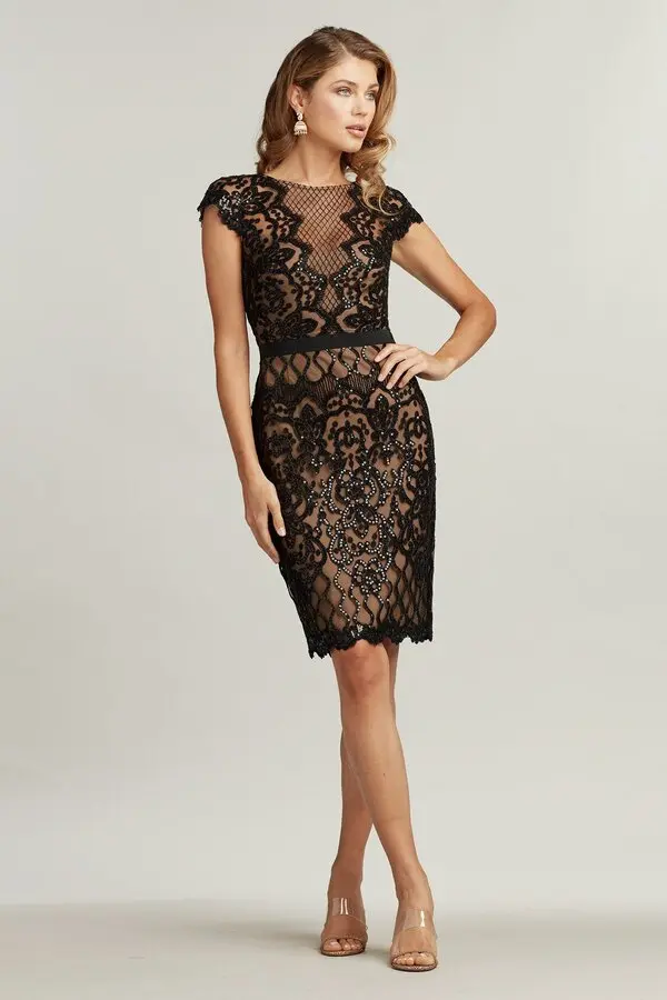 Tadashi Shoji Miranda Sequin Embroidered Dress - Black/nude