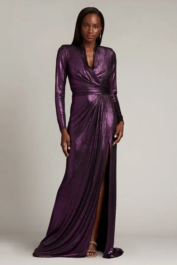 Tadashi Shoji Vienna Draped Metallic Lamé Gown - Violet
