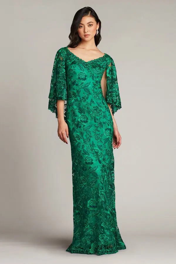 Tadashi Shoji Arvid Embroidered Capelet Sleeve Gown - Pine