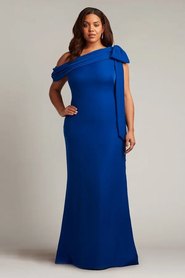 Tadashi Shoji Cassia Bow-shoulder Crepe Gown Plus Size - Royal Blue
