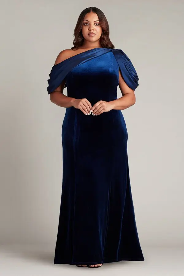 Tadashi Shoji Copley Shoulder Drape Velvet Gown Plus Size - Navy