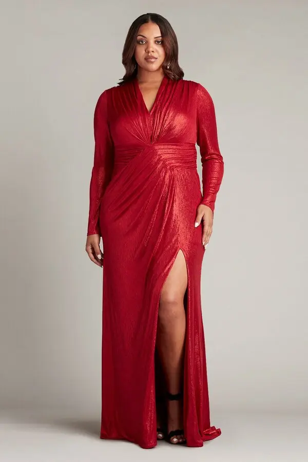 Tadashi Shoji Imanie Draped Lamé Gown - Deep Red