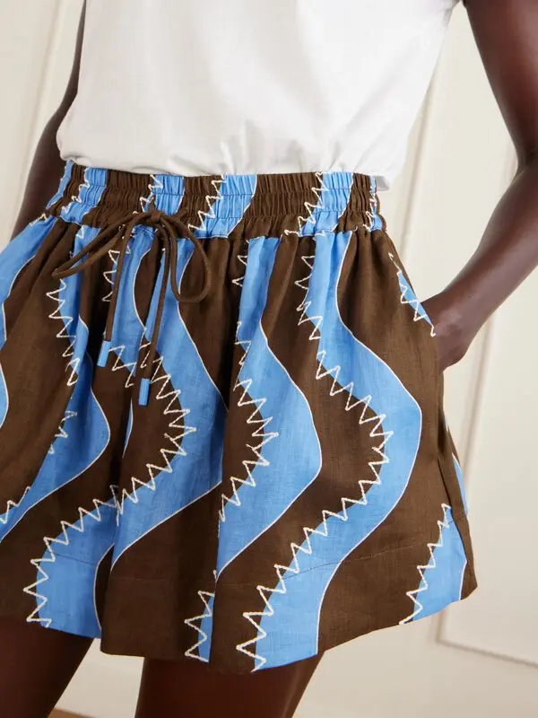 ALEMAIS Frankie Printed Embroidered Linen Shorts