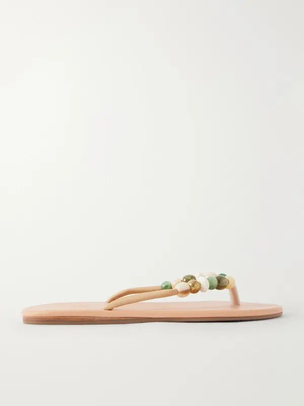 ANCIENT GREEK SANDALS Saionara Embellished Leather Flip Flops - Neutrals