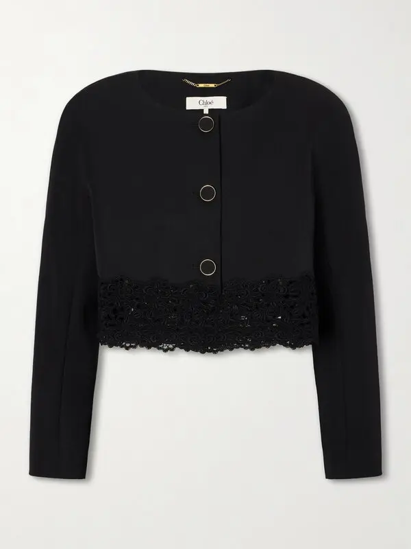 Chloé Lace-embroidered Cropped Wool Jacket - Black